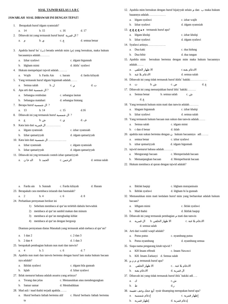 Soal Tajwid Kelas 1 A B C D Piks | PDF