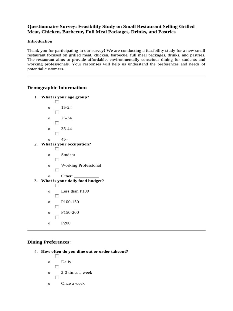 Sample Feasibility Questionnaire | PDF | Restaurants | Grilling