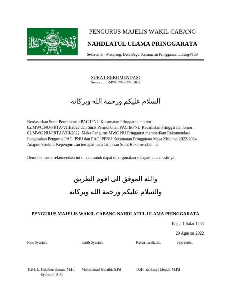 Surat MWC NU Pringgarata | PDF