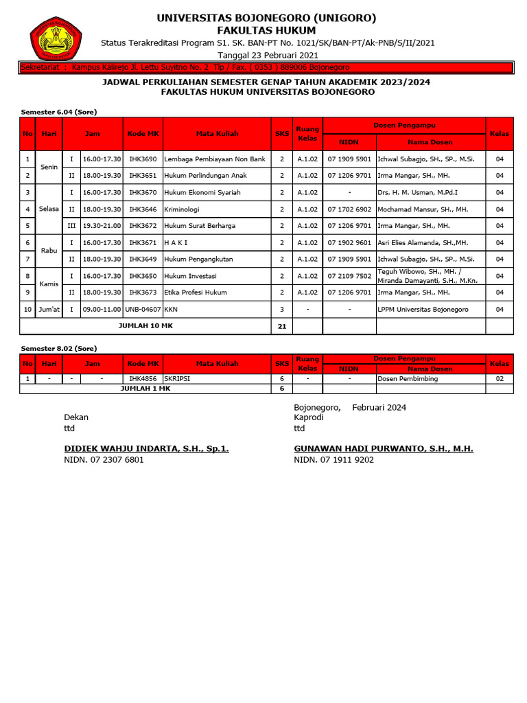 Jadwal Perkuliahan FH Genap Ta - 2023 2024 (Kelas Sore) | PDF