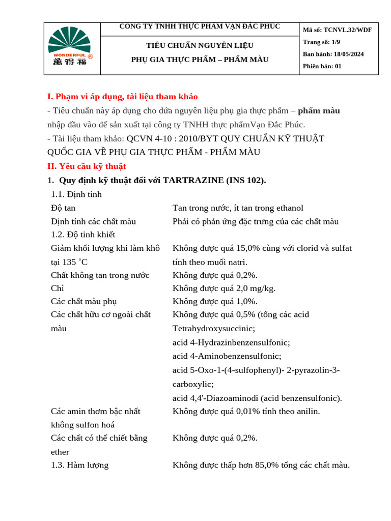 TCNVL32. phẩm màu (E102, E110, E124, E127, E129, E133, E150, E160) | PDF