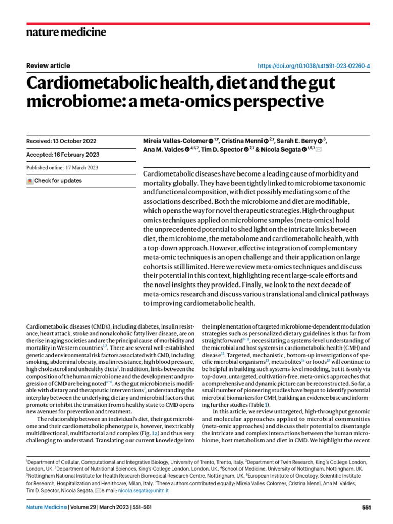 Cardiometabolic health, diet and the gut microbiome | PDF | Metabolomics | 16 S Ribosomal Rna