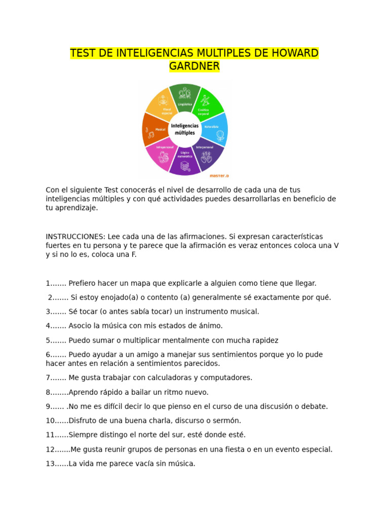 Test de Inteligencias Múltiples de Gardner | PDF | Inteligencia | Cognición