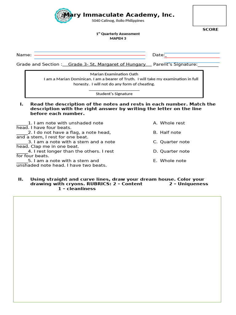 Grade 3 MAPEH 1st Quarter Assessment | PDF | Learning