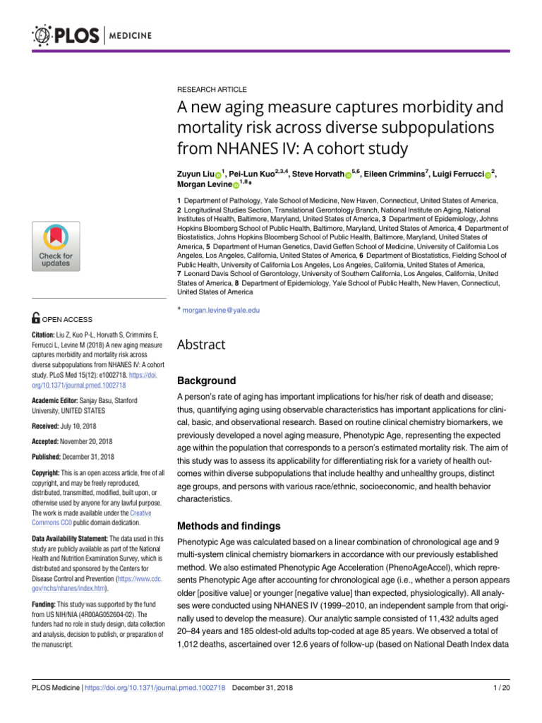 A New Aging Measure Captures Morbidity and Mortality Risk-NHANES | PDF | Ageing | Receiver ...