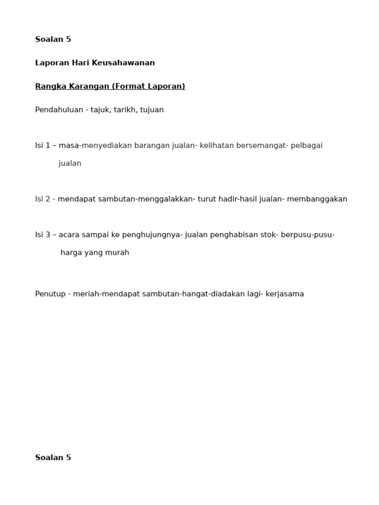 Soalan 5 Laporan Hari Keusahawanan Rangka Karangan (Format Laporan) | PDF