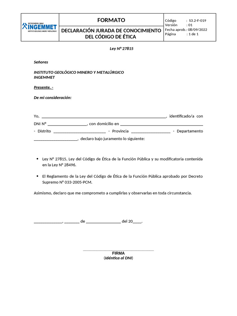 3.Formato de Declaración Jurada S3.2 - F-019 - De Conocimiento Del Código de Ética. | PDF
