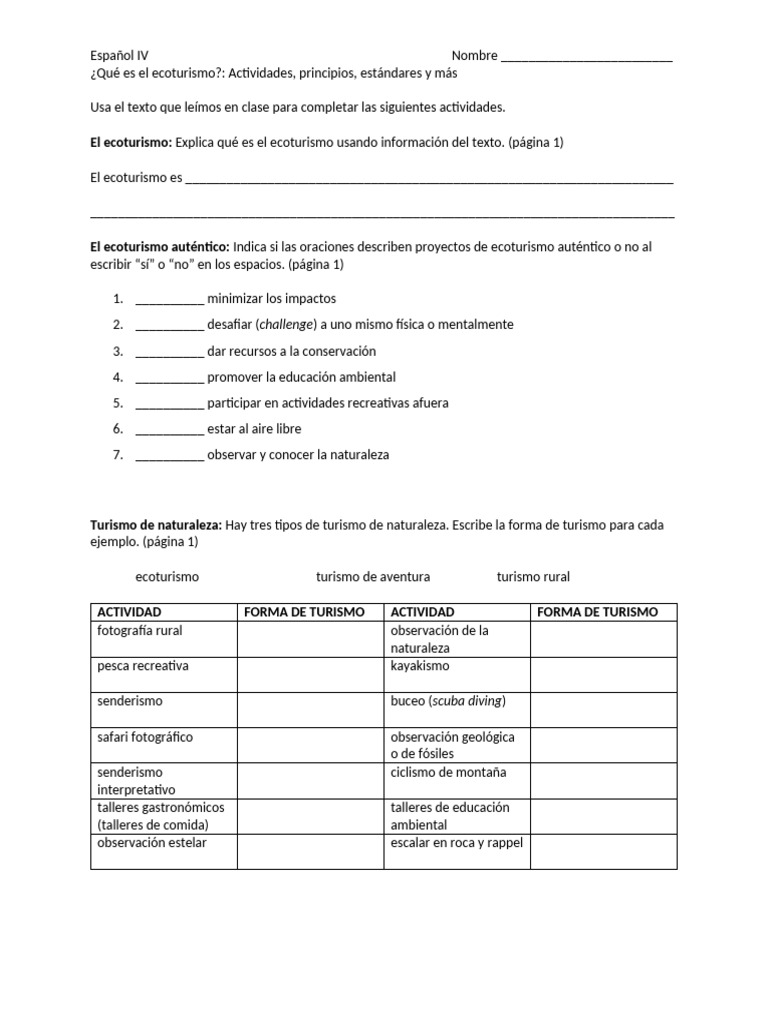 Qué Es El Ecoturismo - Actividad de Comprensión | PDF | Turismo