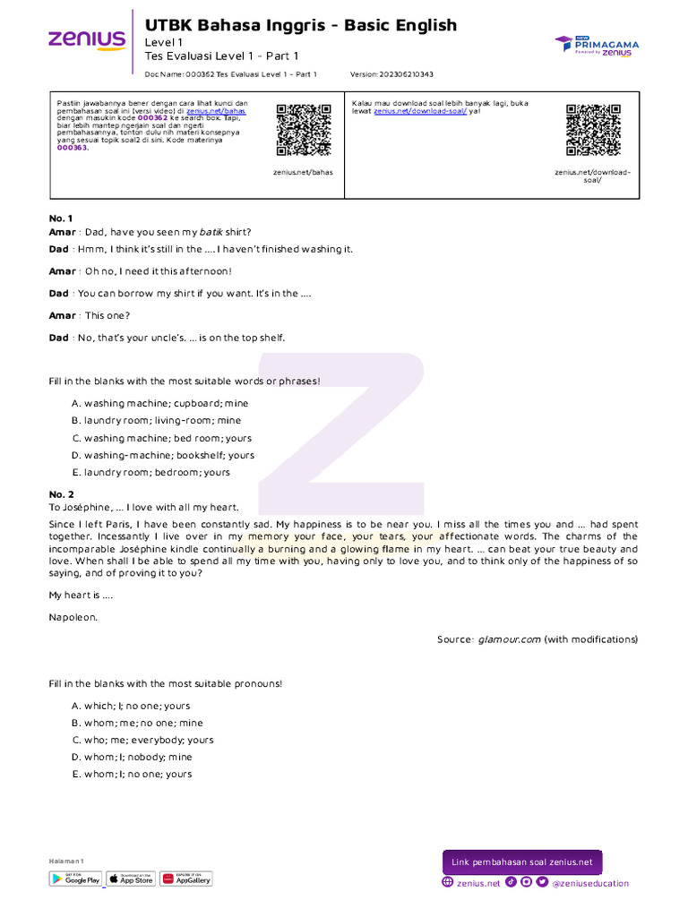UTBK English Level 1 Evaluation Test | PDF