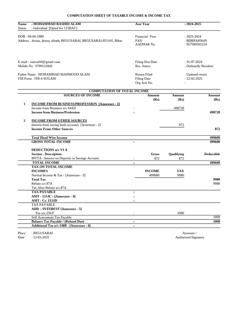 Rashid 2024 25 Computation Report - Itr 4 Bdrpa9564n 4278 194748 | PDF ...