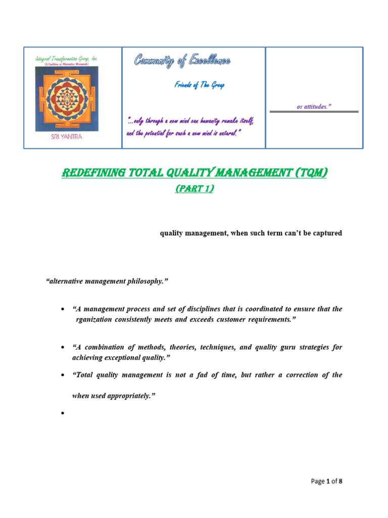 ITG-CoE V-1 Redefining Total Quality Management (TQM) | PDF | Quality ...