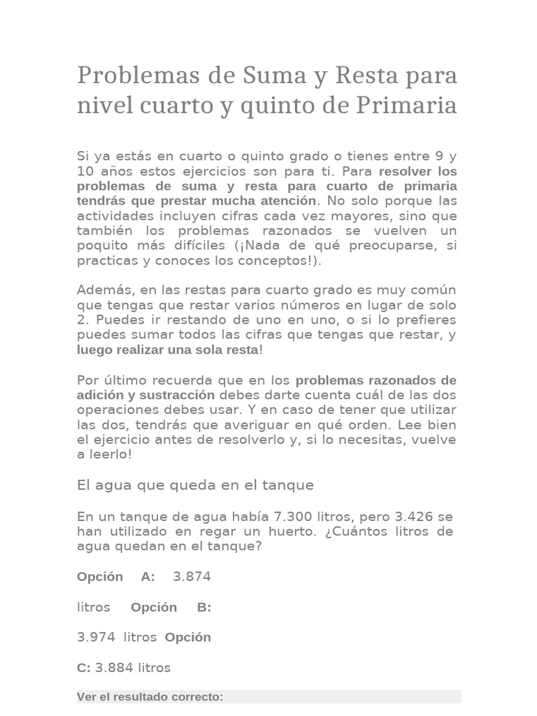 Problemas-de-Suma y Resta | PDF | Matemática Elemental | Aritmética