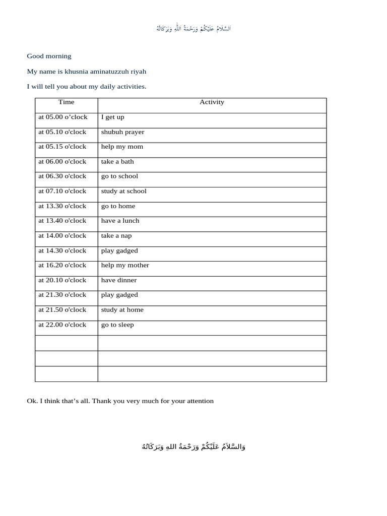 Format Ujian Praktek Kelas 9 Daily Activity-1 | PDF
