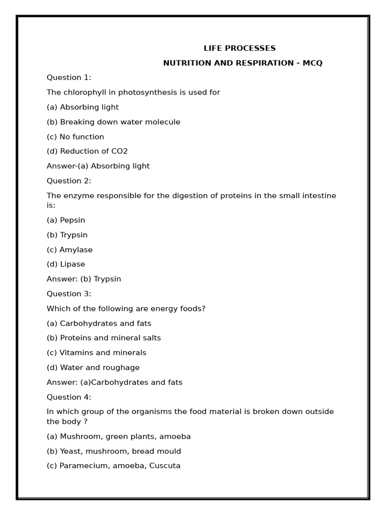 MCQ - Nutrition & Respiration | PDF | Digestion | Nutrition