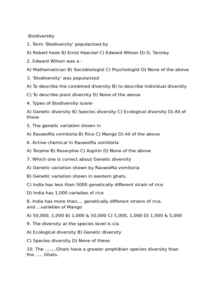 Biodiversity MCQ - Class 12 | PDF | Conservation Biology | Biodiversity