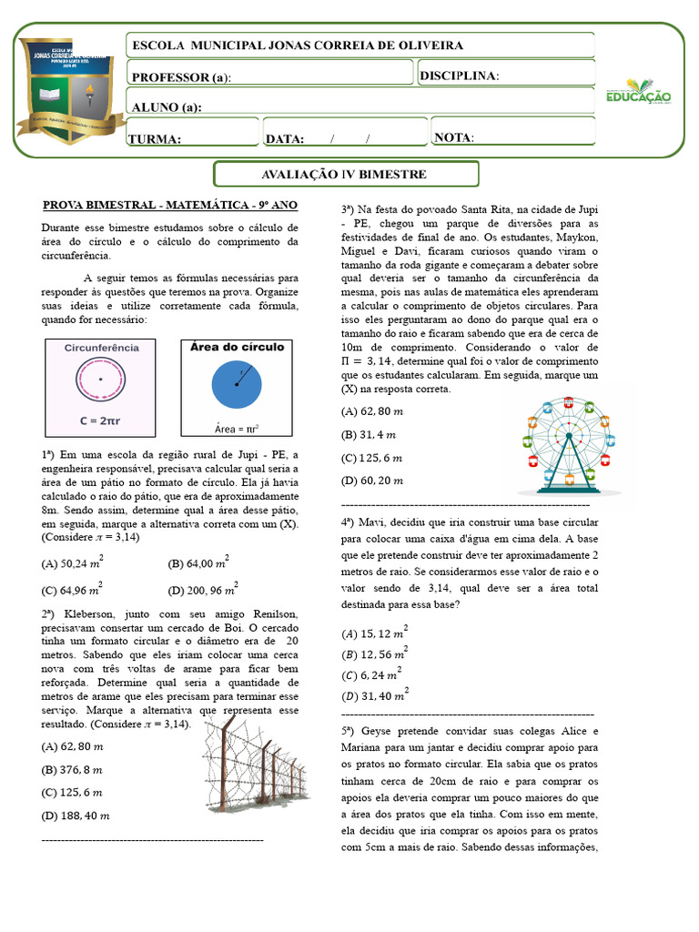 Prova de Matemática: Cálculo de Áreas e Circunferências | PDF | Círculo ...