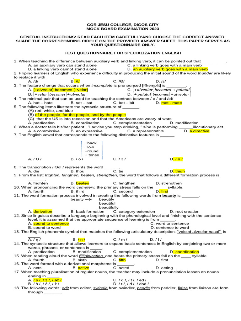Mock Board Specialization English | PDF | Word | English Language