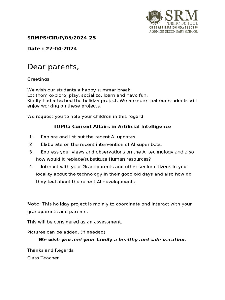 Circular No.05 - Summer Vacation - VI | PDF