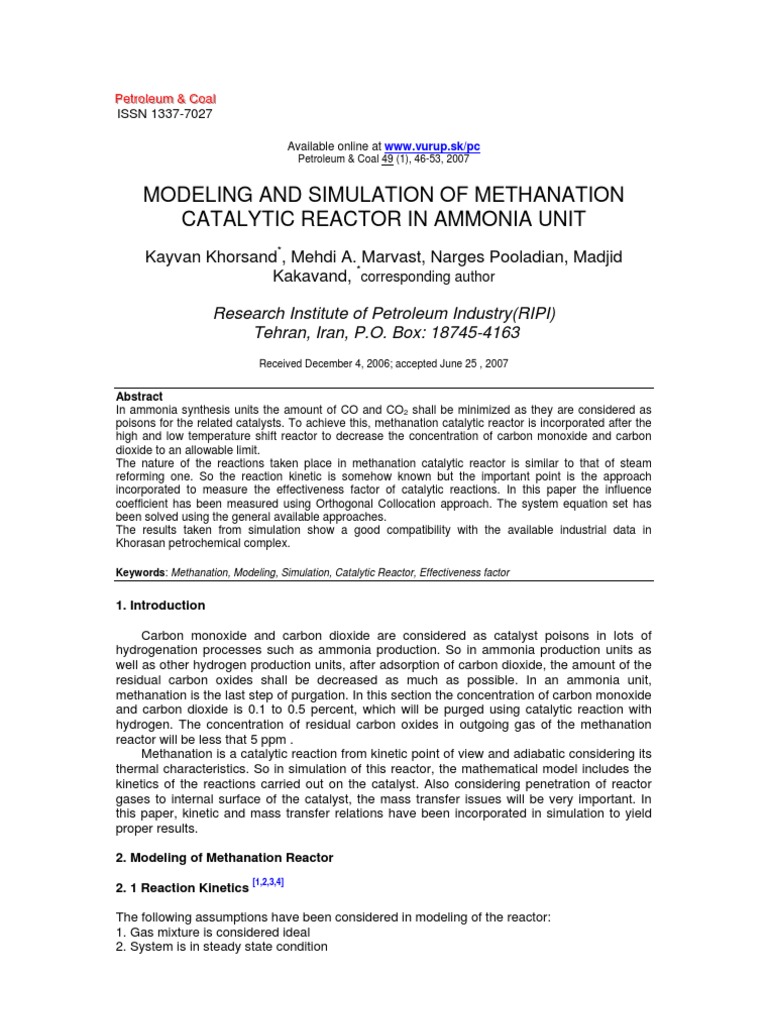 Modeling and simulation of methanation catalytic reactor | PDF | Carbon Dioxide | Chemical Reactor