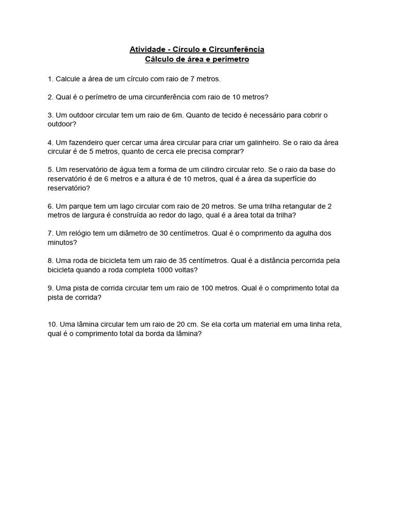 Atividade - Círculo e Circunferência | PDF
