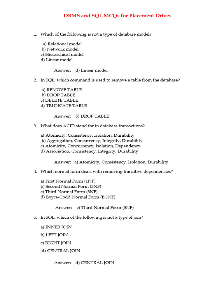 DBMS and SQL MCQs for Placement Drives | PDF | Databases | Relational Database