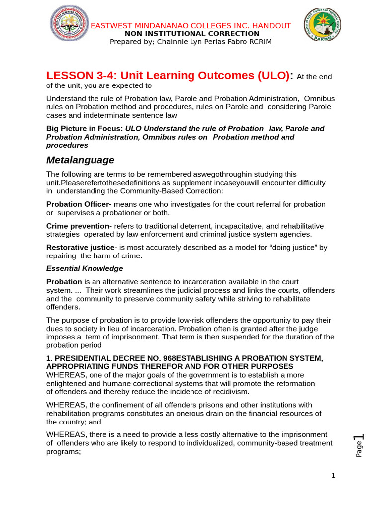 LESSON3-4 NON INSTI | PDF | Probation | Presentence Investigation Report