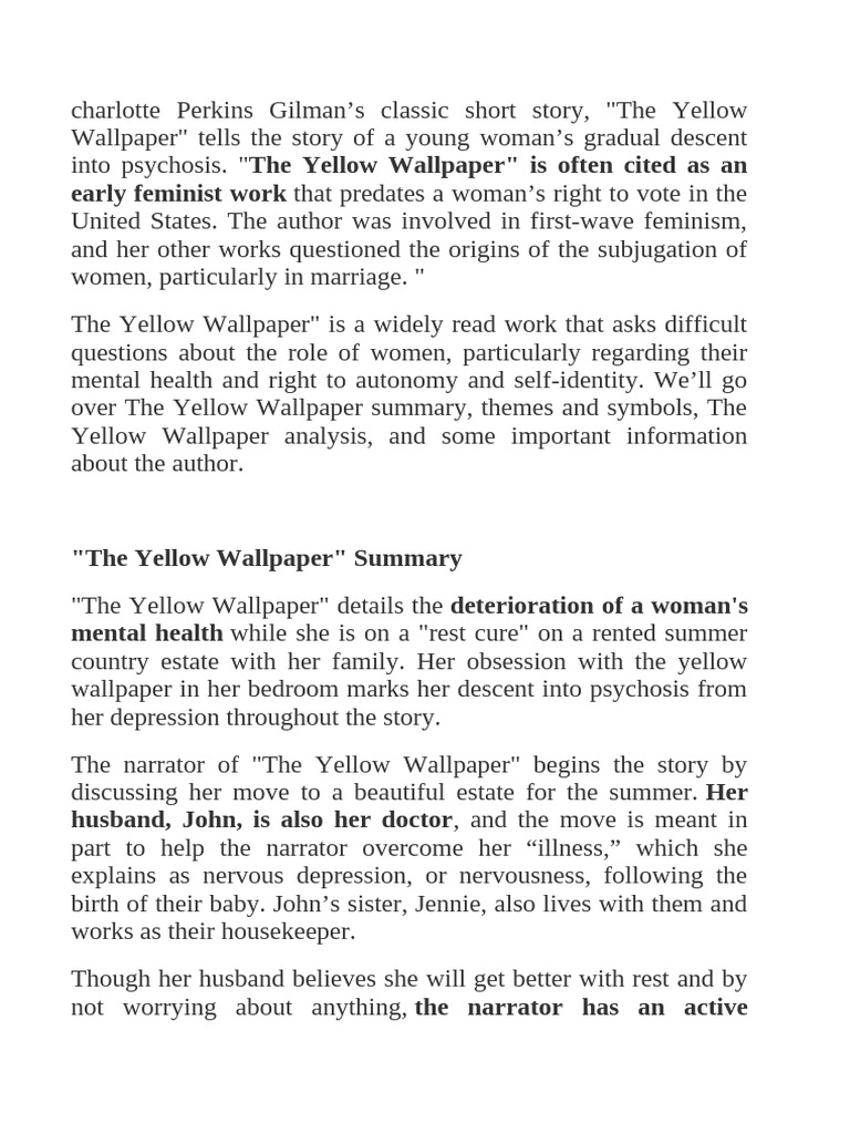 The Yellow Wallpaper (Short Story) | PDF | The Yellow Wallpaper ...