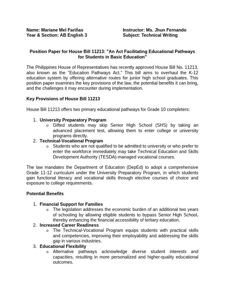 Position Paper For House Bill 11213 | PDF | Vocational Education