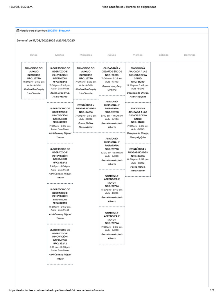 Vida Académica - Horario de Asignaturas | PDF