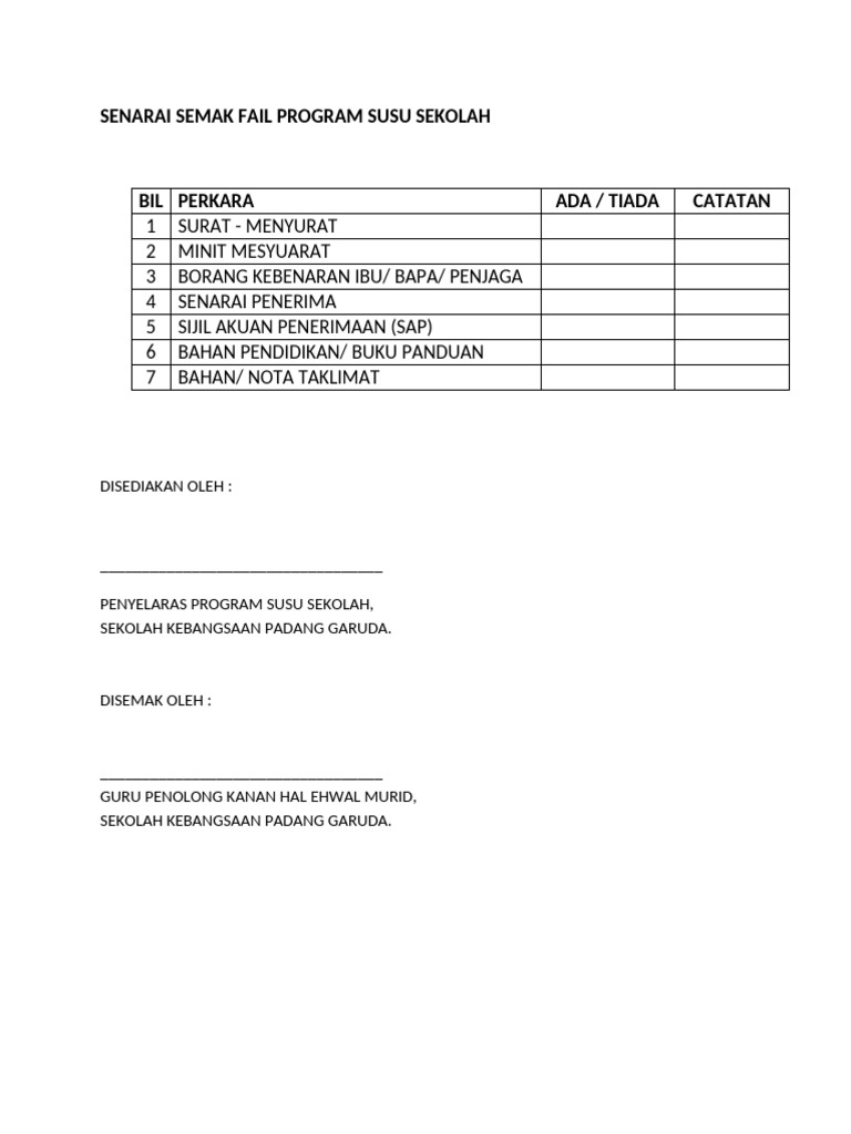 Senarai Semak Fail Program Susu Sekolah | PDF