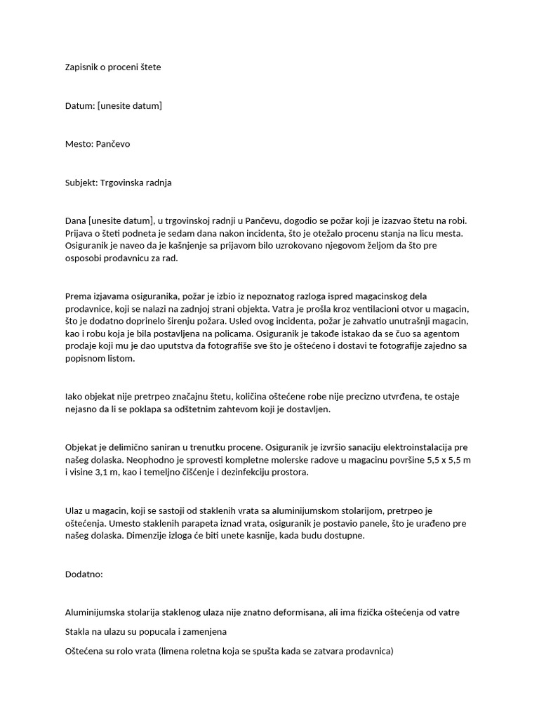 Zapisnik o Proceni Štete Pozar | PDF