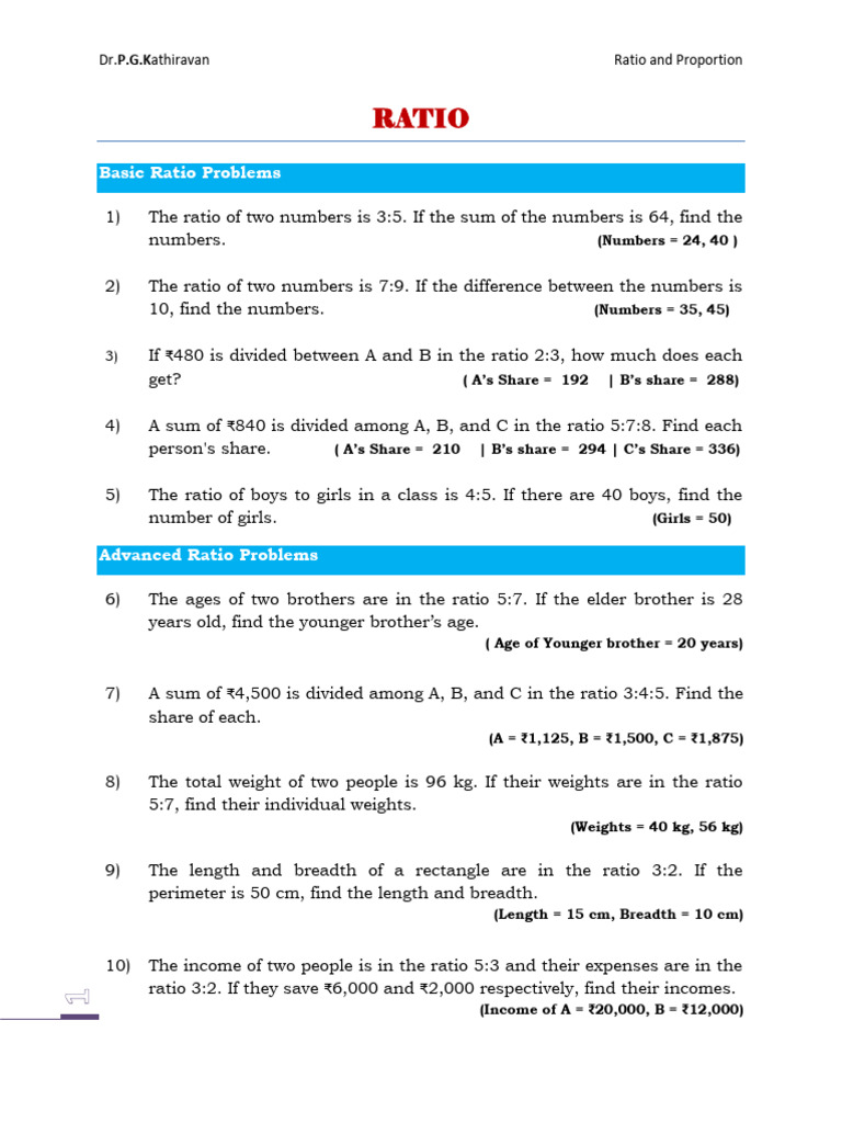 Ratio and Proportion (Students) - 31.3.25 | PDF | Ratio