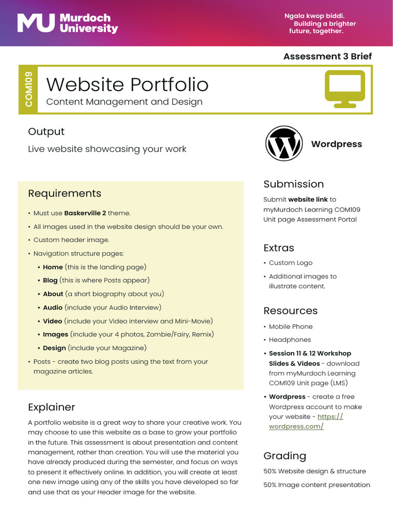 COM109 - A3 Website Portfolio Assessment Brief | PDF | Websites | Paragraph