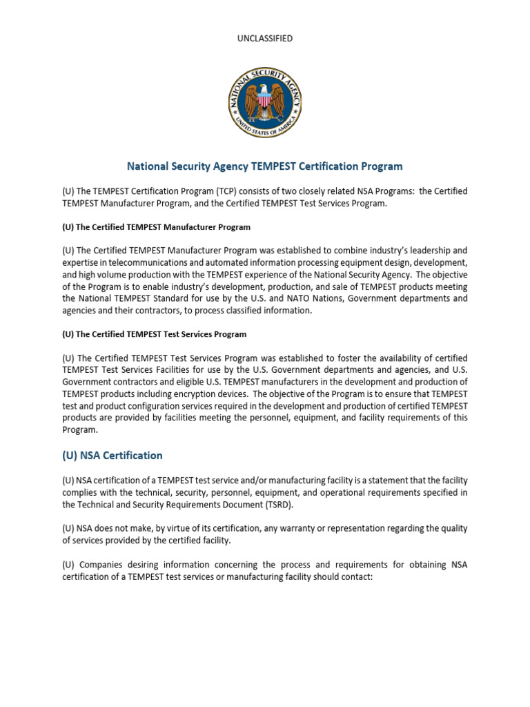 NSA TEMPEST Certification Overview | PDF | National Security Agency ...