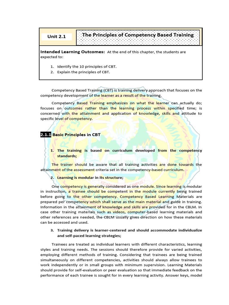 2.1 The Principles of Competency Based Training | PDF | Educational ...