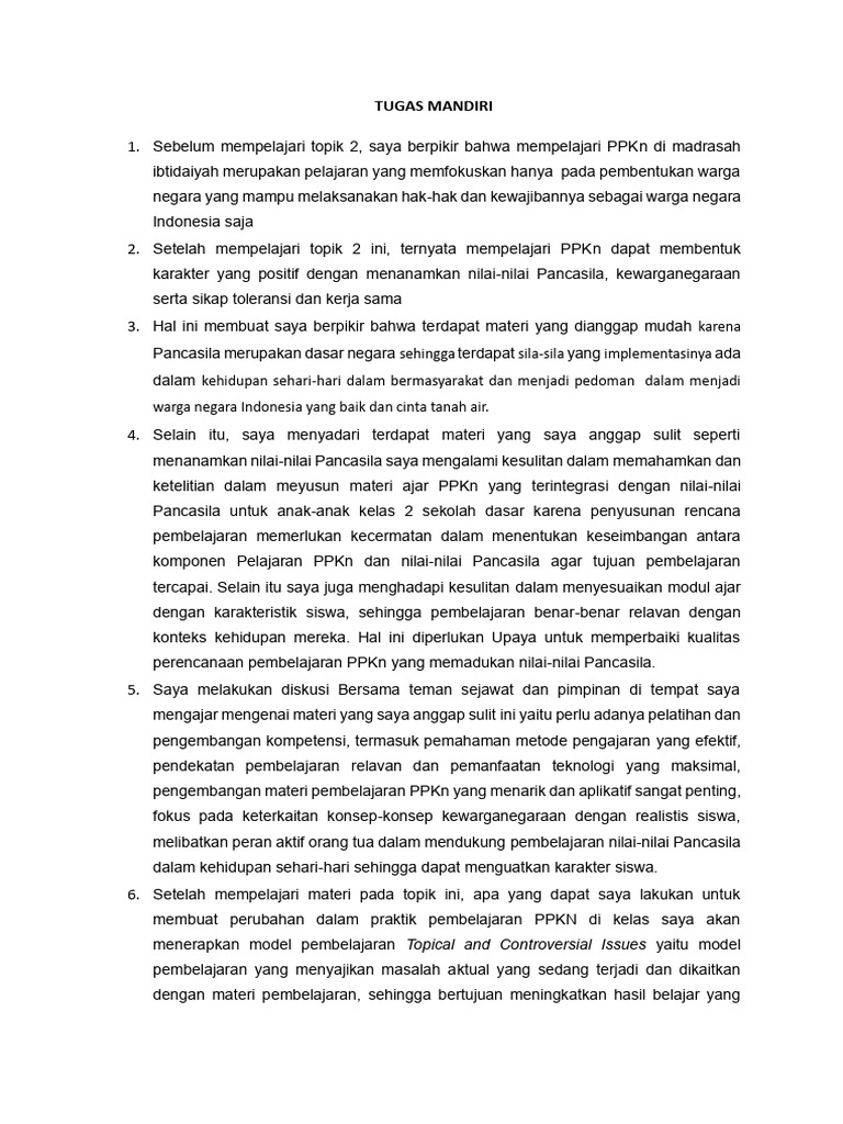 Tugas Mandiri PPG untuk Guru Kelas MI | PDF