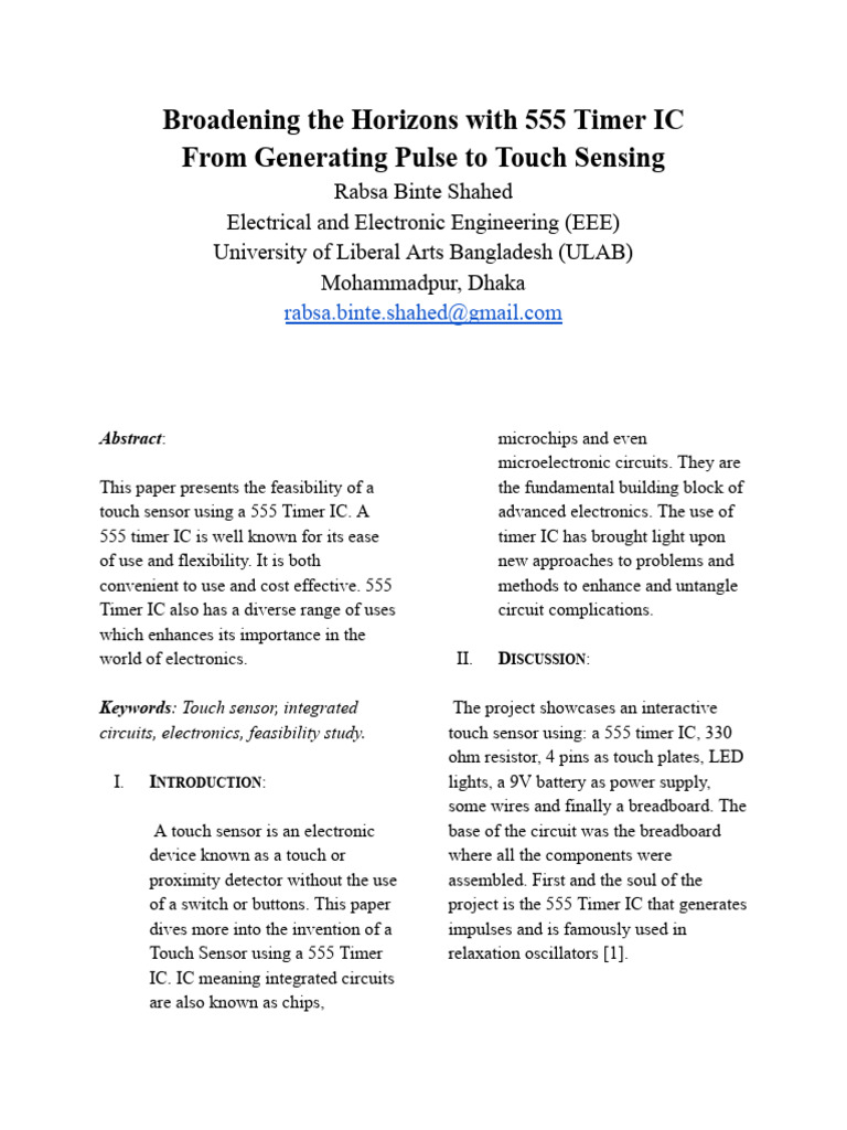 Touch Sensor Using 555 Timer IC Paper | PDF | Integrated Circuit ...