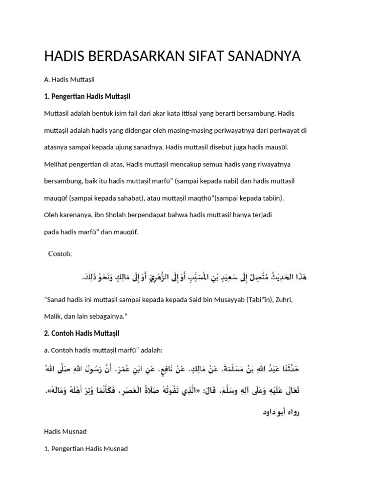 Hadis Muttaṣil dan Musnad: Definisi dan Contoh | PDF