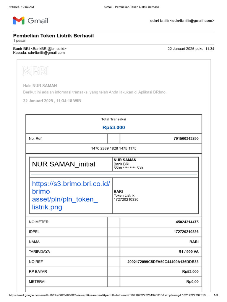 Gmail - Pembelian Token Listrik Berhasil | PDF