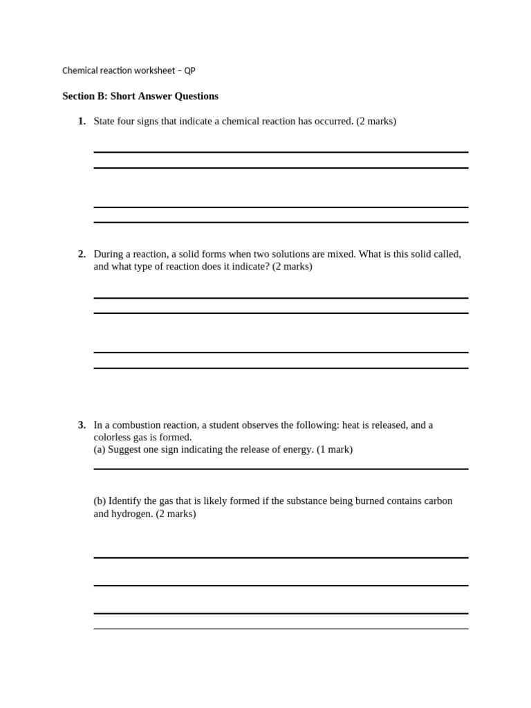 Chemical Reaction Worksheet | PDF | Chemical Reactions | Chemical ...