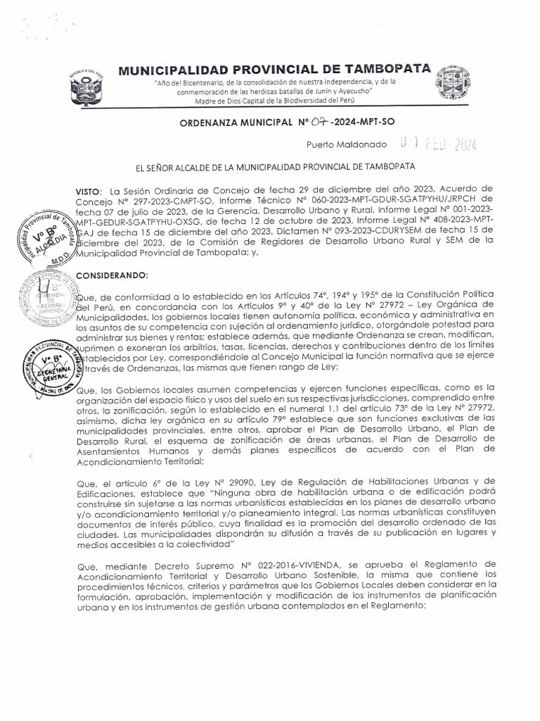 Ordenanza Municipal N 07 2024 CMPT So | PDF