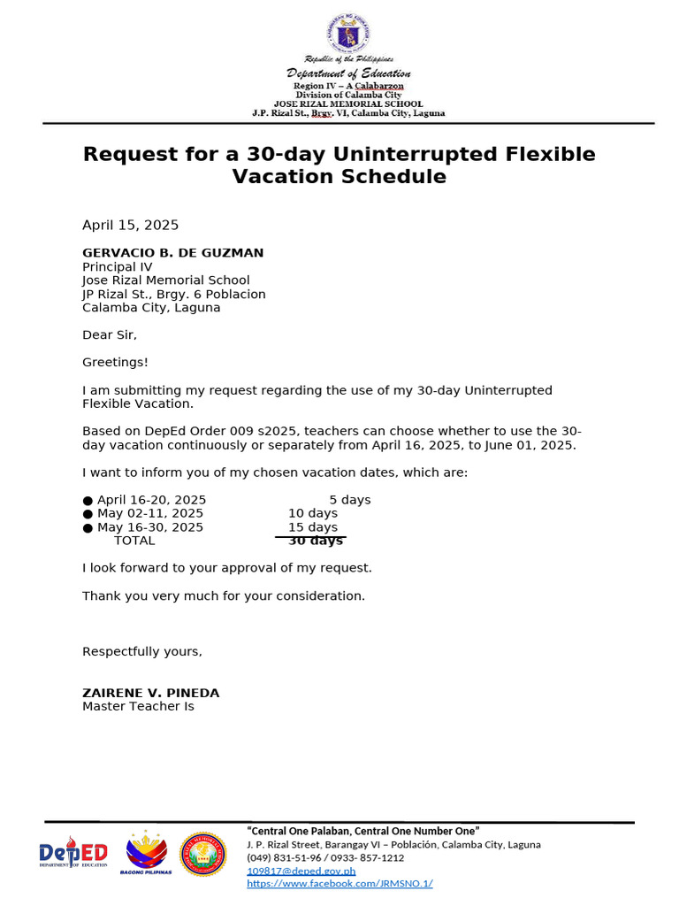 Letter Request For 30 Days Uninterruptible Vacation - Template | PDF