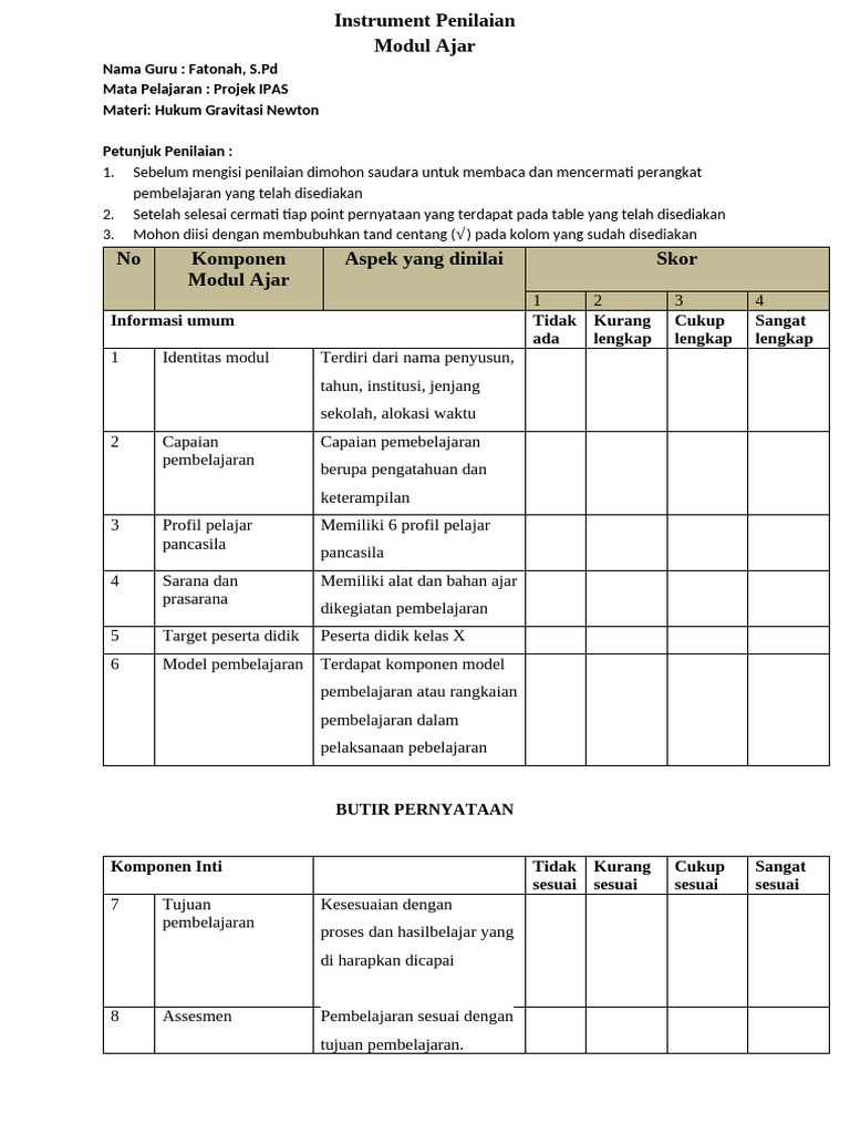 Penilaian Modul Ajar Hukum Gravitasi | PDF