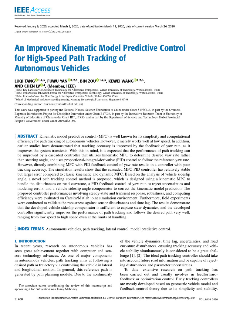 An Improved Kinematic Model Predictive Control for High-Speed Path Tracking of Autonomous ...