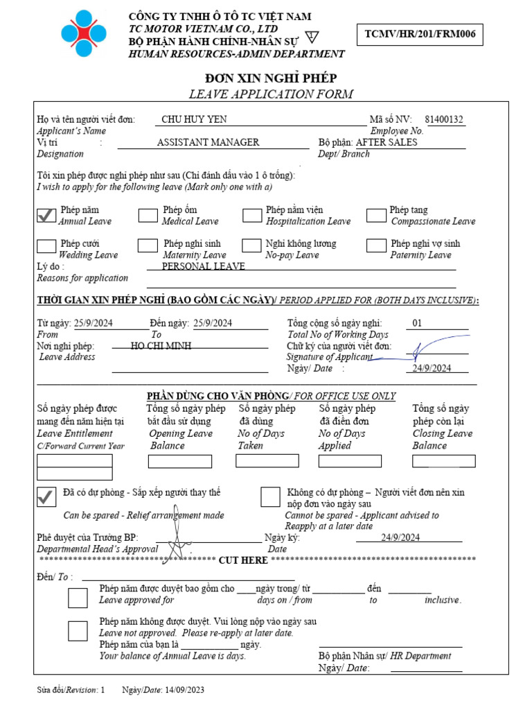 CHY Sep24 TCMVHR201FRM 006 LEAVE APPLICATION FORM-signed | PDF