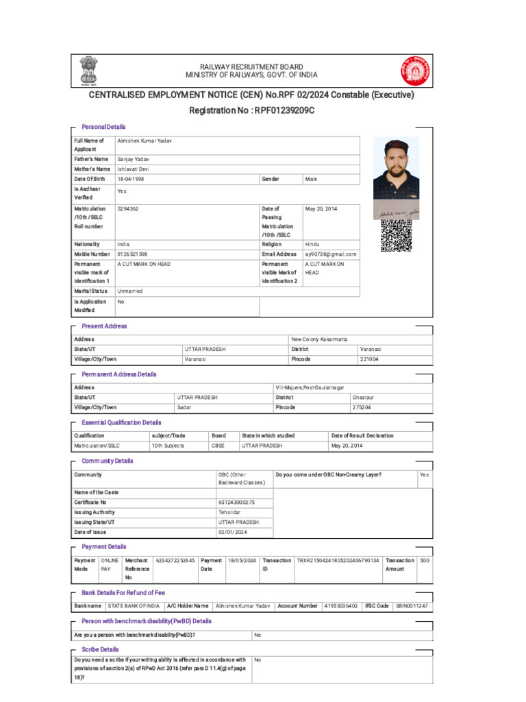 RRB Application for Constable Position | PDF