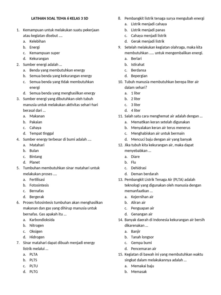 Latihan Soal Tema 6 Kelas 3 SD | PDF