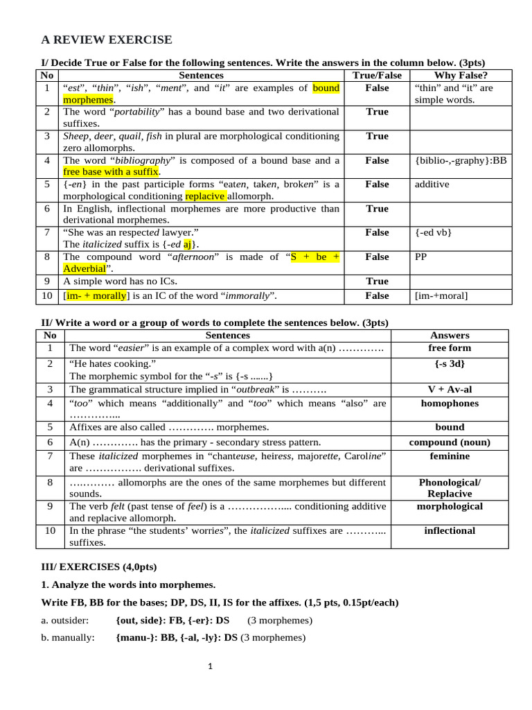Morphology Review Exercise Answers | PDF | Morphology (Linguistics) | Word