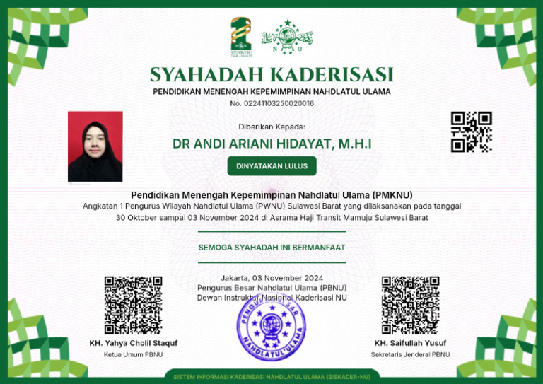Syahadah PMKNU DR Andi Ariani Hidayat, MHI | PDF