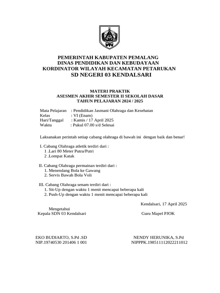 Soal Praktek Ujian KLS 6 Pjok TH 2025 | PDF